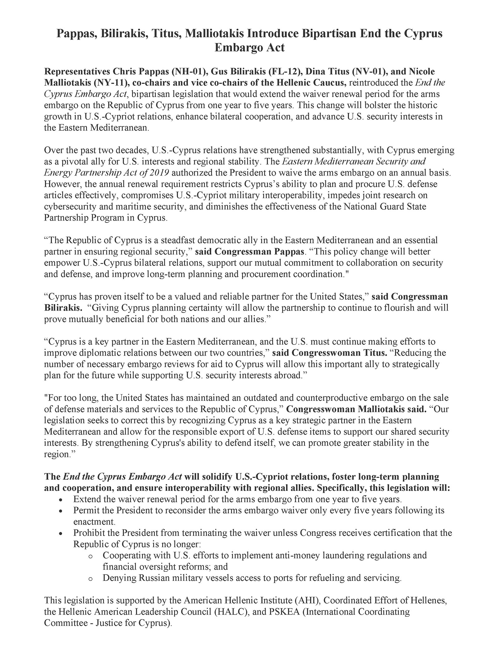 Press Release - End the Cyprus Embargo Act - PSEKA